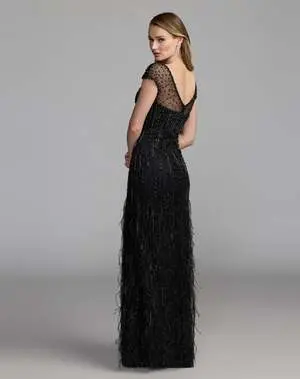 MAC DUGGAL COLLECTION Rhinestone Embellished Illusion Neck Feather Gown