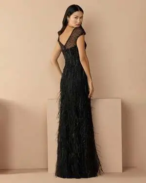 MAC DUGGAL COLLECTION Rhinestone Embellished Illusion Neck Feather Gown