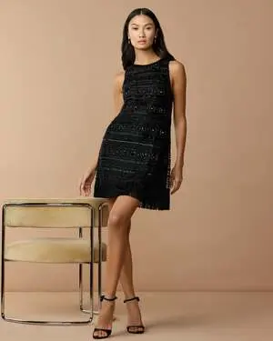 MAC DUGGAL COLLECTION Geometric Beaded Fringe Mini Dress