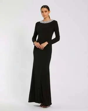 Mac Duggal Petite Long Sleeve Embellished High Neck Jersey Gown - Black
