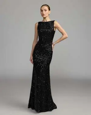 Mac Duggal Cowl Back Boat Neck Sequined Evening Gown - Black