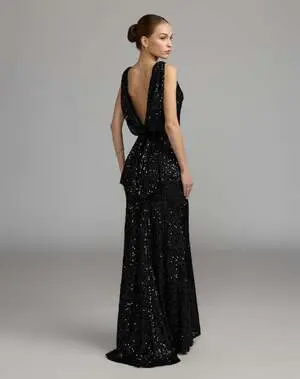 Mac Duggal Cowl Back Sequined Evening Gown - Black