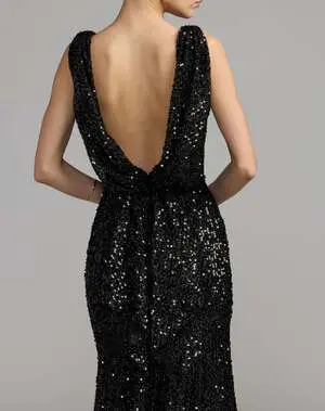 Mac Duggal Cowl Back Sequined Evening Gown - Black