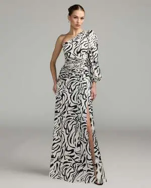 Mac Duggal Abstract Print One Shoulder Charmeuse Gown With Slit
