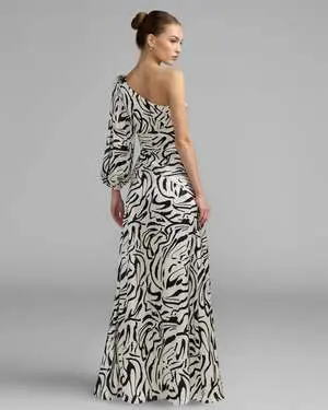 Mac Duggal Abstract Print One Shoulder Charmeuse Gown With Slit
