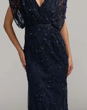 Mac Duggal Beaded V-neck Short Sleeve Blouson Gown