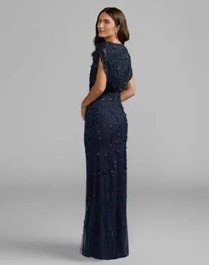 Mac Duggal Beaded V-neck Short Sleeve Blouson Gown
