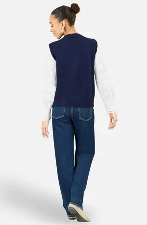YUMI Knitted Flower Sleeveless Jumper Vest - Navy