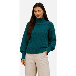 YUMI Cable Knit Roll Neck Jumper - Teal