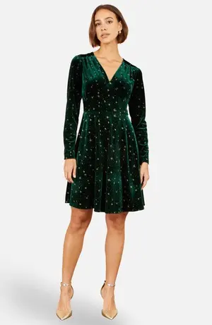 YUMI Foil Star Print Velvet Skater Dress - Green