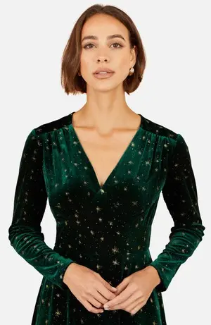 YUMI Foil Star Print Velvet Skater Dress