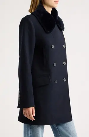 LoveShackFancy Verdine Faux Fur Collar Double Breasted Coat