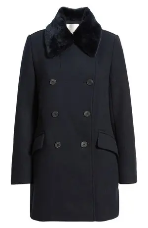 LoveShackFancy Verdine Faux Fur Collar Double Breasted Coat