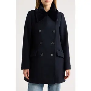 LoveShackFancy Verdine Faux Fur Collar Double Breasted Coat - Navy