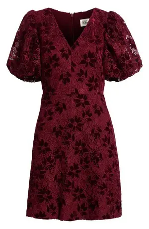 Eliza J V-neck Puff Sleeve Fit & Flare Dress - Wine