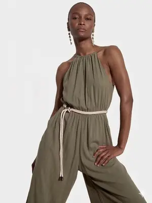 APRICOT Halter Neck Wide Leg Jumpsuit With Rope Belt