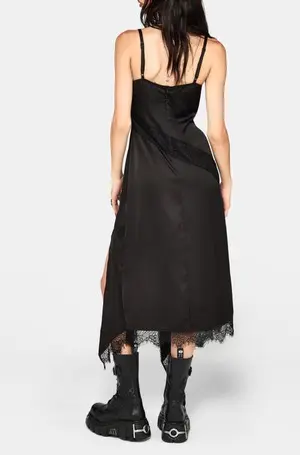 DISTURBIA Tova Lace Trim Asymmetric Midi Dress