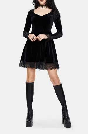 DISTURBIA Orbweb Long Sleeve Velour Mini Dress - Black
