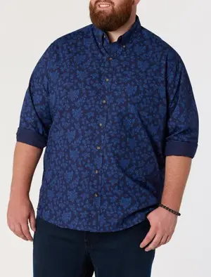 HARBOR BAY BY DXL Big & Tall Easy-care Tonal Floral Sport Shirt V2 - Blue