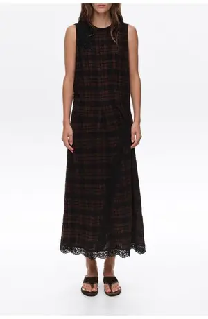 Bimba Y Lola Checked Midi Dress With Lace Trim - Dark Brown