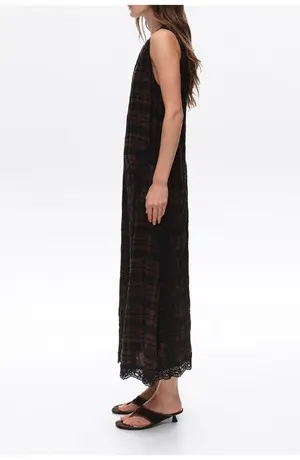 Bimba Y Lola Checked Midi Dress With Lace Trim - Dark Brown