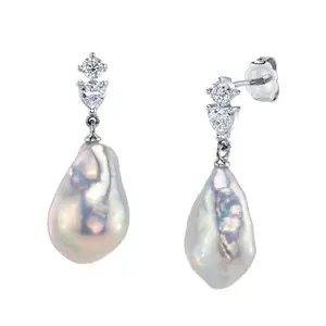 The Pearl Source White Freshwater Baroque Pearl And Cubic Zirconia Drop Earrings
