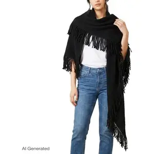 Rebecca Minkoff Knitted Triangle Scarf Wrap With Fringe - Black