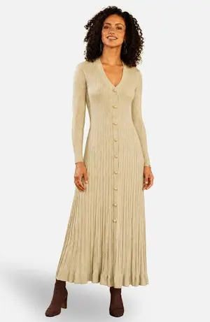 YUMI Button-front Knitted Ribbed Dress - Beige