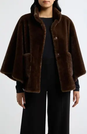 Bernardo Faux Fur Poncho - Brown