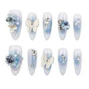 3H NAILS Celestial Butterflylong Almond Press-on Nails - Blue