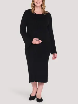 Motherhood Maternity Long Flared Sleeve Midi Sweater Dress Black