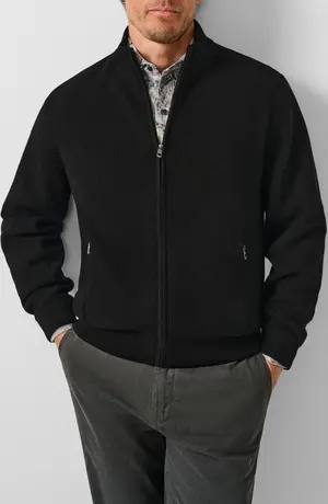 David Donahue Aviator Merino Wool Zip-up Sweater Jacket - Black