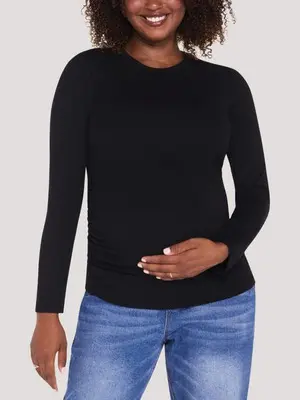Motherhood Maternity Crew Neck Long Sleeve Side Ruched Top Black