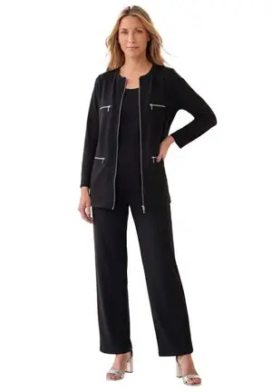 Roaman's Plus Size French Terry Zip Front Wide Leg Pant Set Black