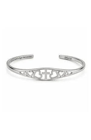 DLORIA 18k Gold Plated Cross And Heart Engraved Adjustable Cuff Bracelet - Silver