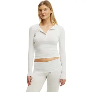 Cotton:on Airy Soft Lounge Henley Long Sleeve Top - Smooth Light Grey Marle