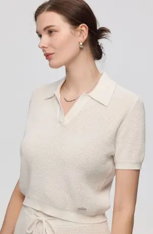 JUANA Noa Open Knit Polo Top - White