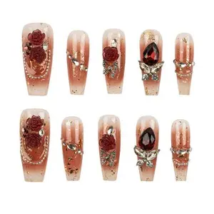 3H NAILS Crimson Rose Long Square Press-on Nails - Red