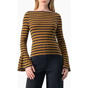 IVONNE Boat-neck Bell-sleeve Striped Blouse