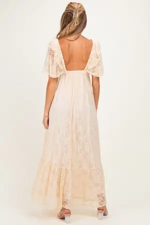 PINKBLUSH Lace Flutter Sleeve Tiered Maxi Dress