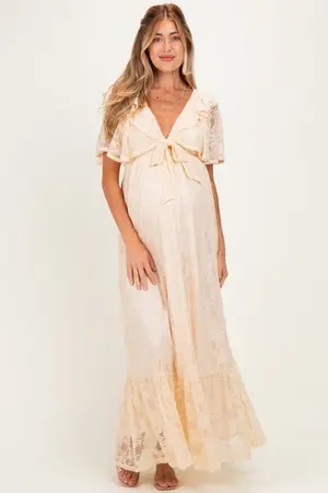 PINKBLUSH Lace Flutter Sleeve Tiered Maxi Dress - Beige