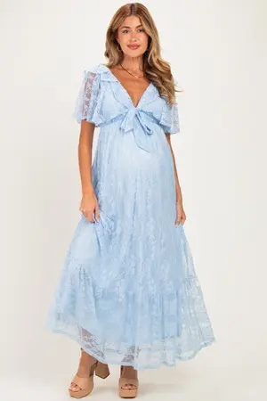 PINKBLUSH Lace Flutter Sleeve Tiered Maxi Dress - Blue