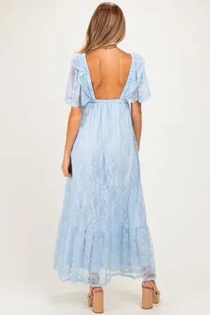 PINKBLUSH Lace Flutter Sleeve Tiered Maxi Dress