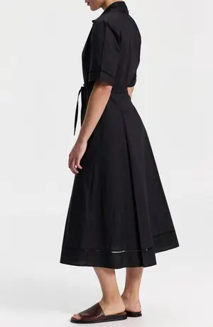 Ronen Chen Collared Short Sleeve Midi Shirt Dress With Tie Waist