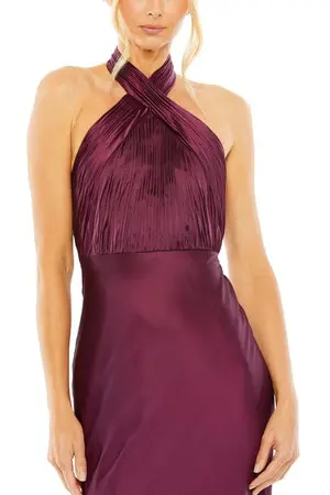 Mac Duggal Pleated Halter Neck Satin Gown