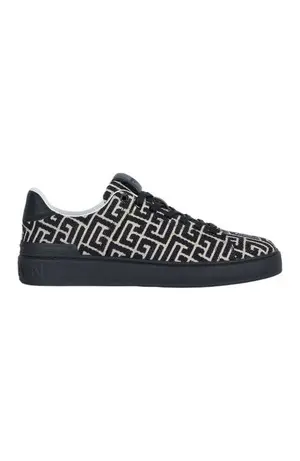 Balmain B-court Trainers In Leather And Monogram Jacquard - Black