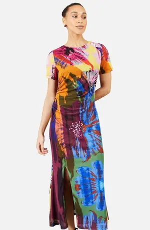 YUMI Abstract Floral Mesh Maxi Dress