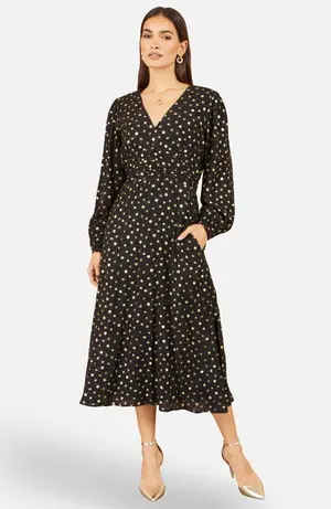 YUMI Long Sleeve Foil Print Midi Dress - Black