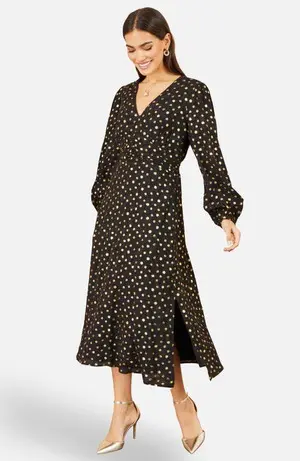 YUMI Long Sleeve Foil Print Midi Dress