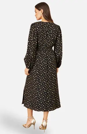 YUMI Long Sleeve Foil Print Midi Dress